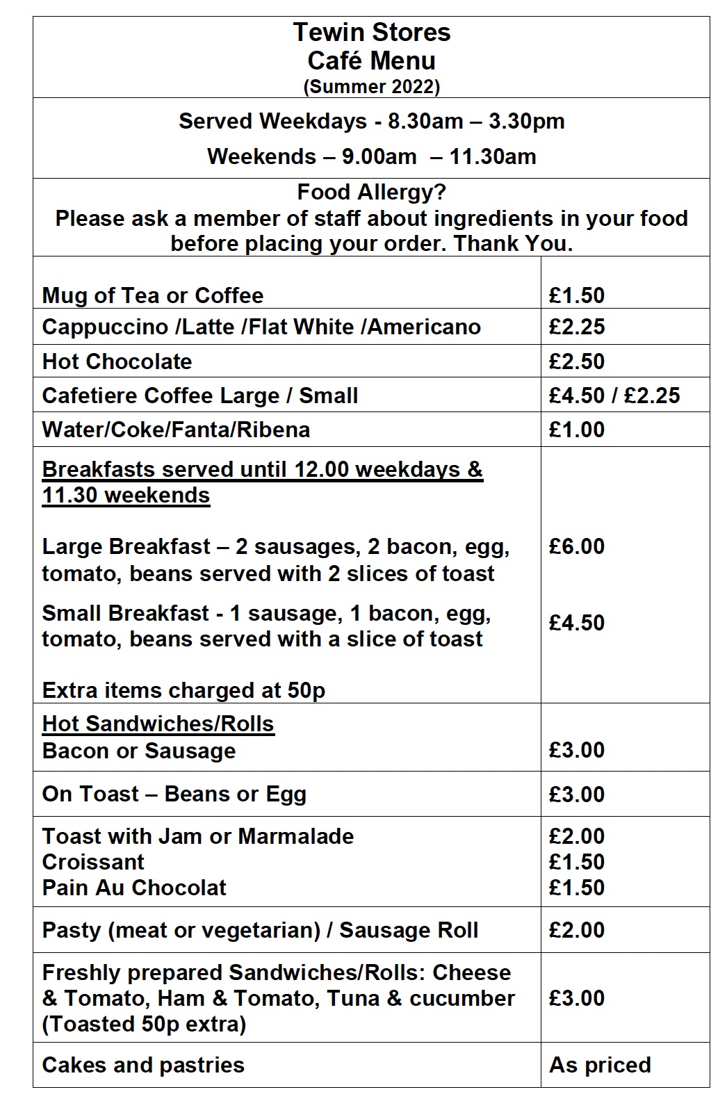 The Cafe Menu - Tewin Village